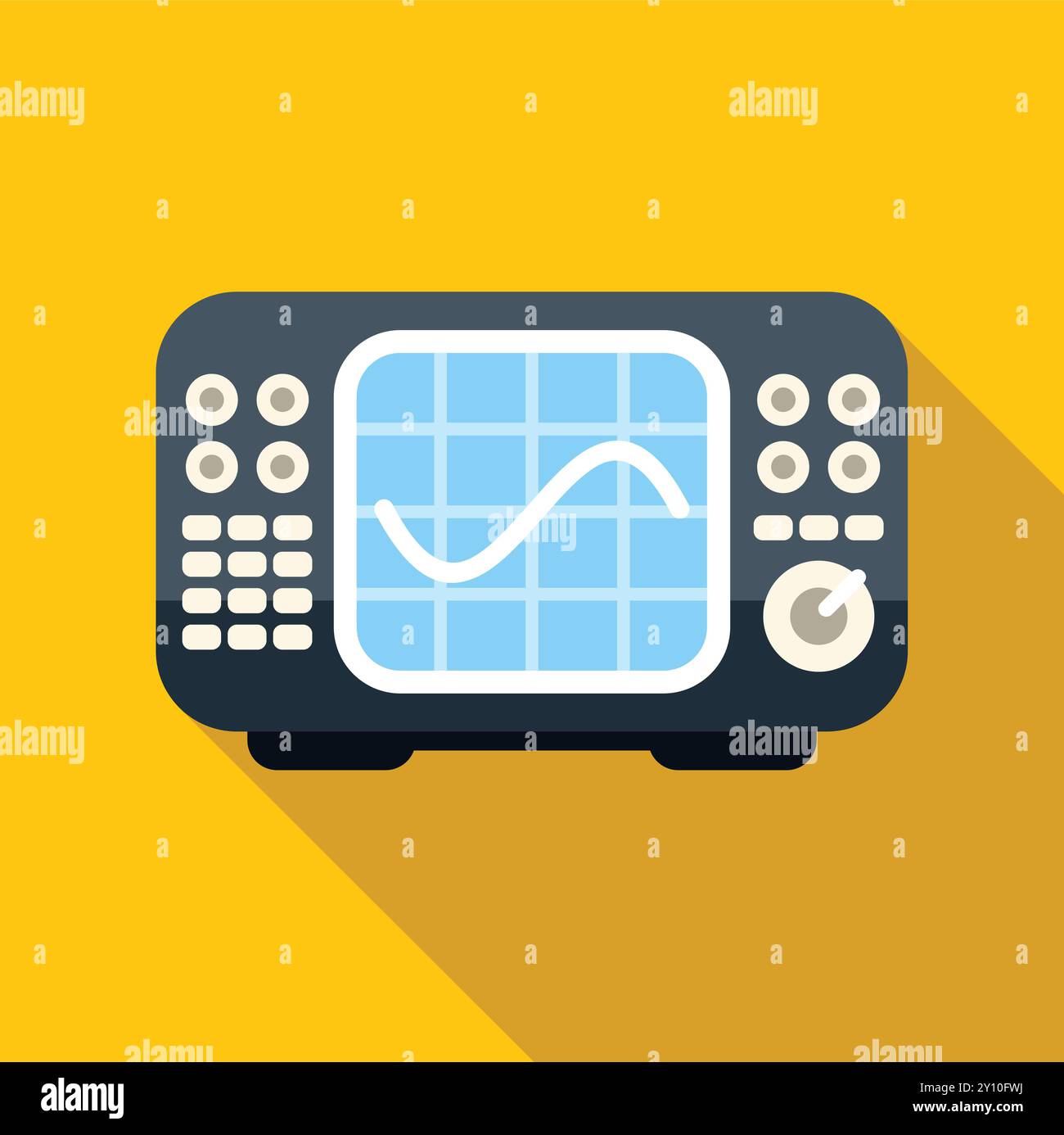 Electronic test equipment showing a sine wave on a blue screen with a ...