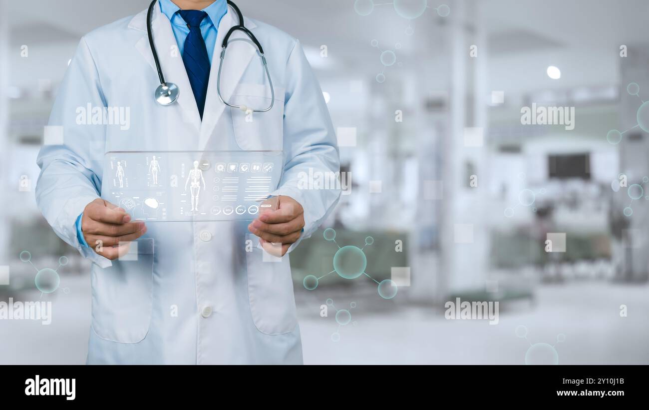 Doctor using finger touching screen for medical diagnostic analysis on ...