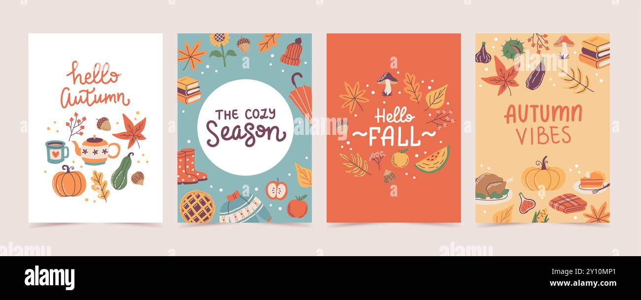 Autumn covers or cards set. Hand drawn calligraphy and cute seasonal ...
