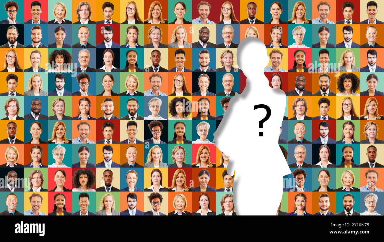 Silhouette of businesswoman as blank space in collage of personnel ...