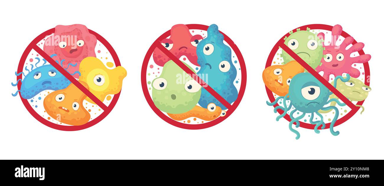Bacteria in prohibition sign. Comic crossed out microbes and viruses ...