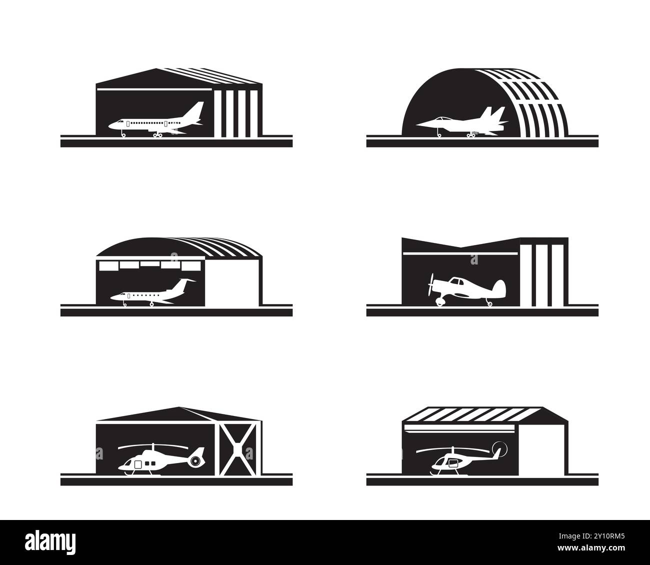 Hangars with aircrafts and helicopters – vector illustration Stock ...
