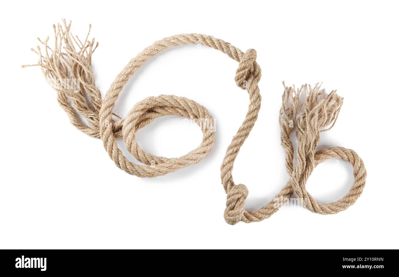 Hemp rope with knots isolated on white, top view Stock Photo - Alamy