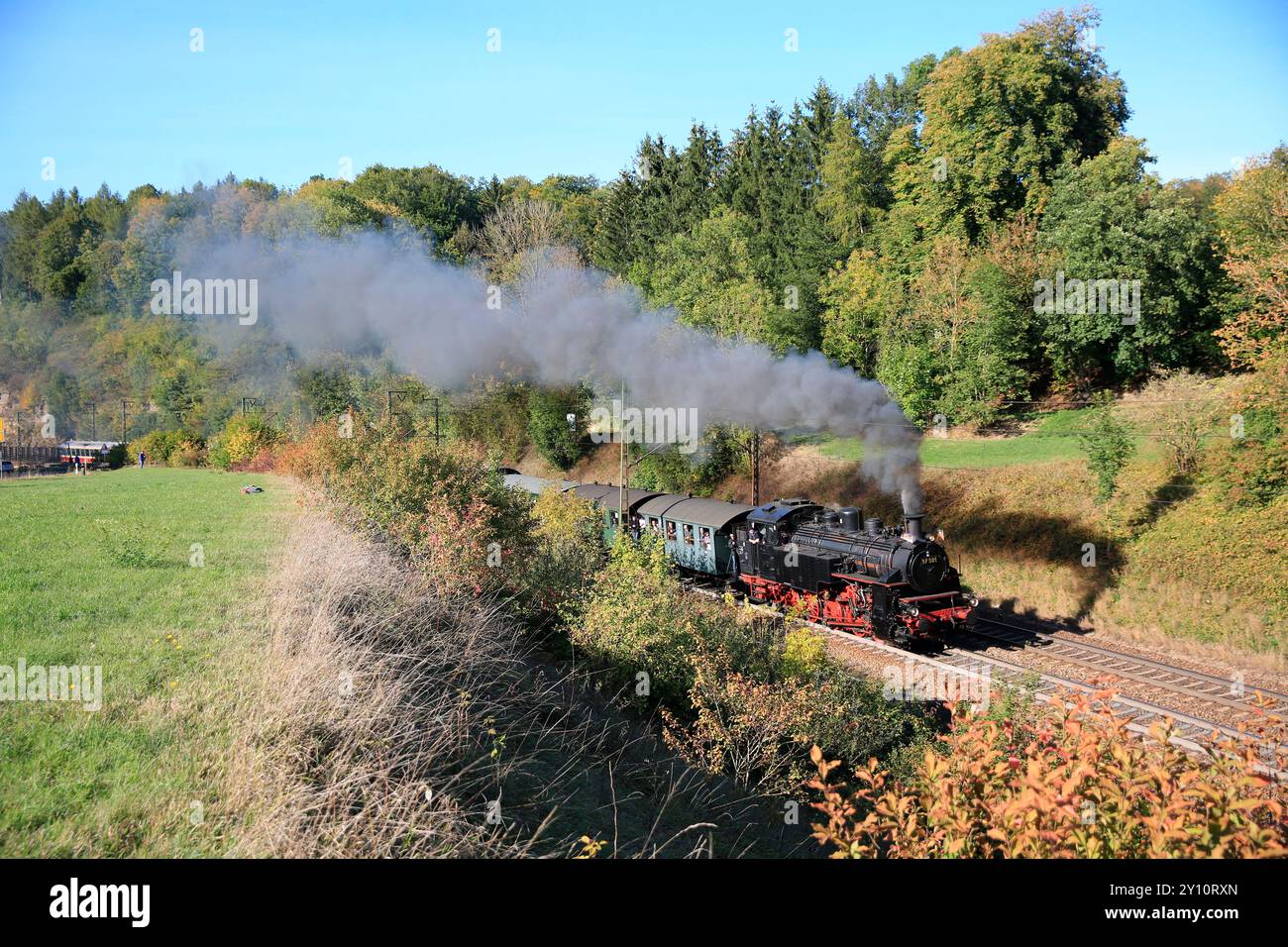 Historic steam train of the Swabian Alb Railway and the Honau ...