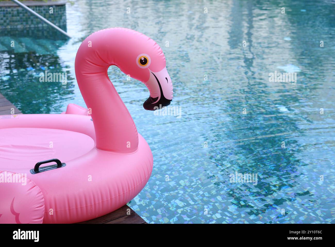 Inflatable float in shape of flamingo near outdoor swimming pool Stock ...