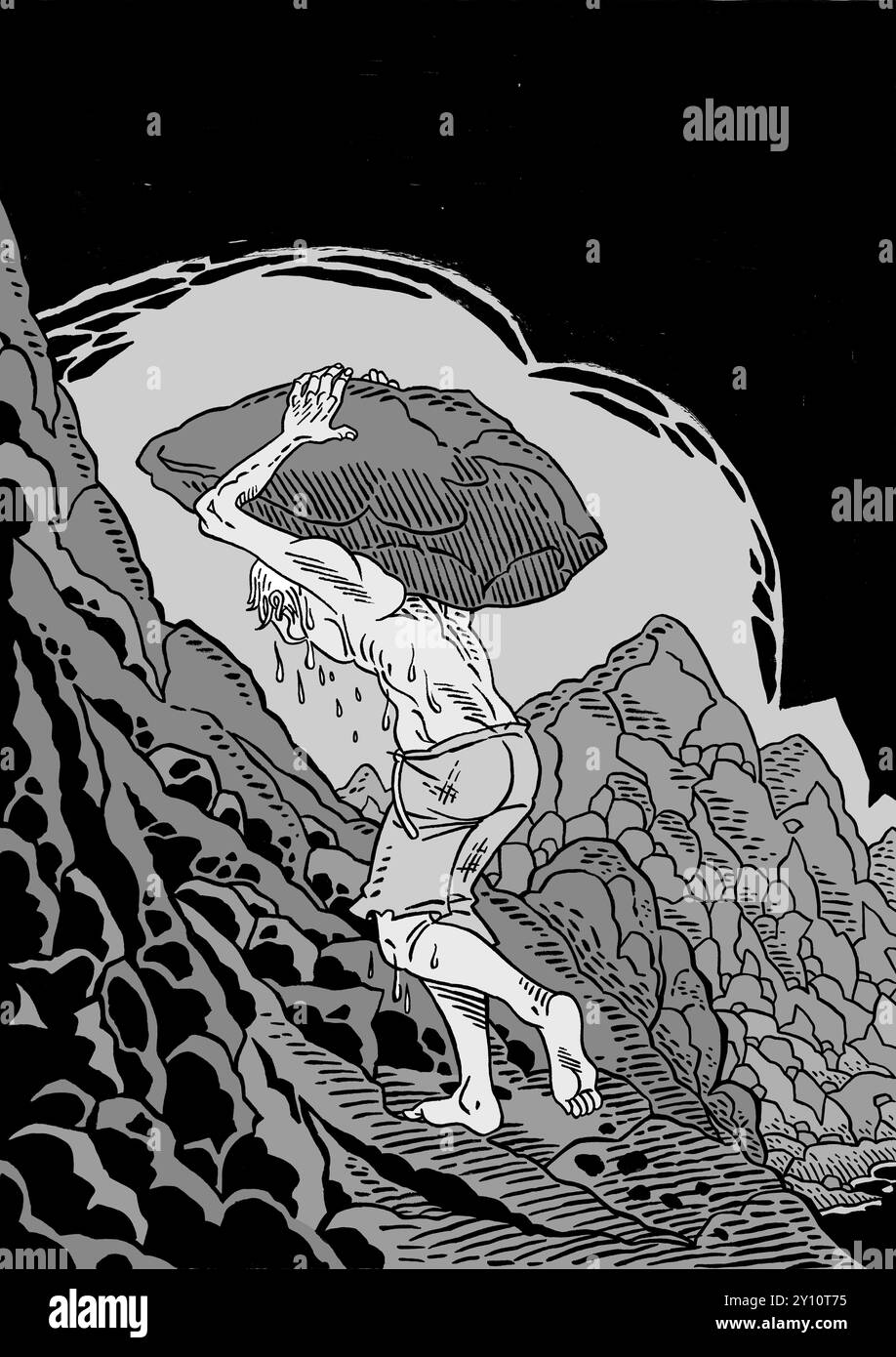 Le Châtiment de Sisyphe. Sisyphus greek myth rolling a rock in mountain ...
