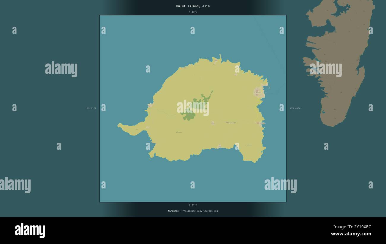 Balut Island in the Celebes Sea, belonging to Philippines, described and highlighted on a ...