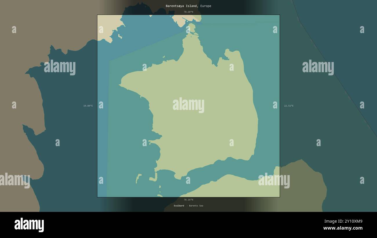 Barentsya Island in the Barents Sea, belonging to Norway, described and highlighted on a ...