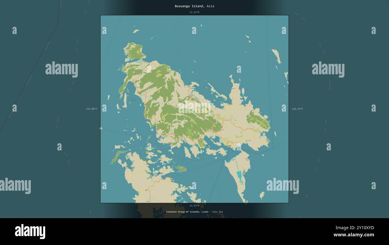 Busuanga Island in the Sulu Sea, belonging to Philippines, described and highlighted on a ...