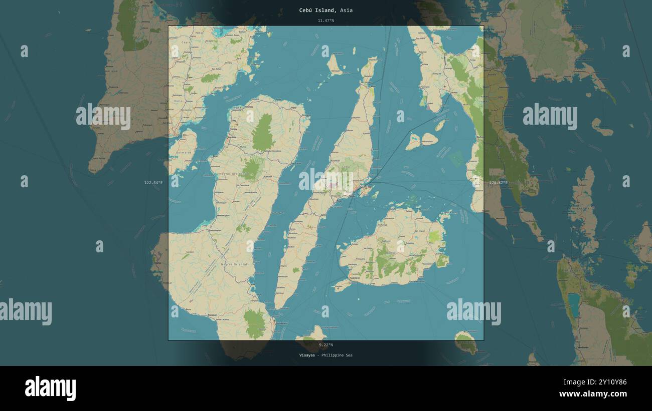 Cebu Island in the Philippine Sea, belonging to Philippines, described and highlighted on a ...