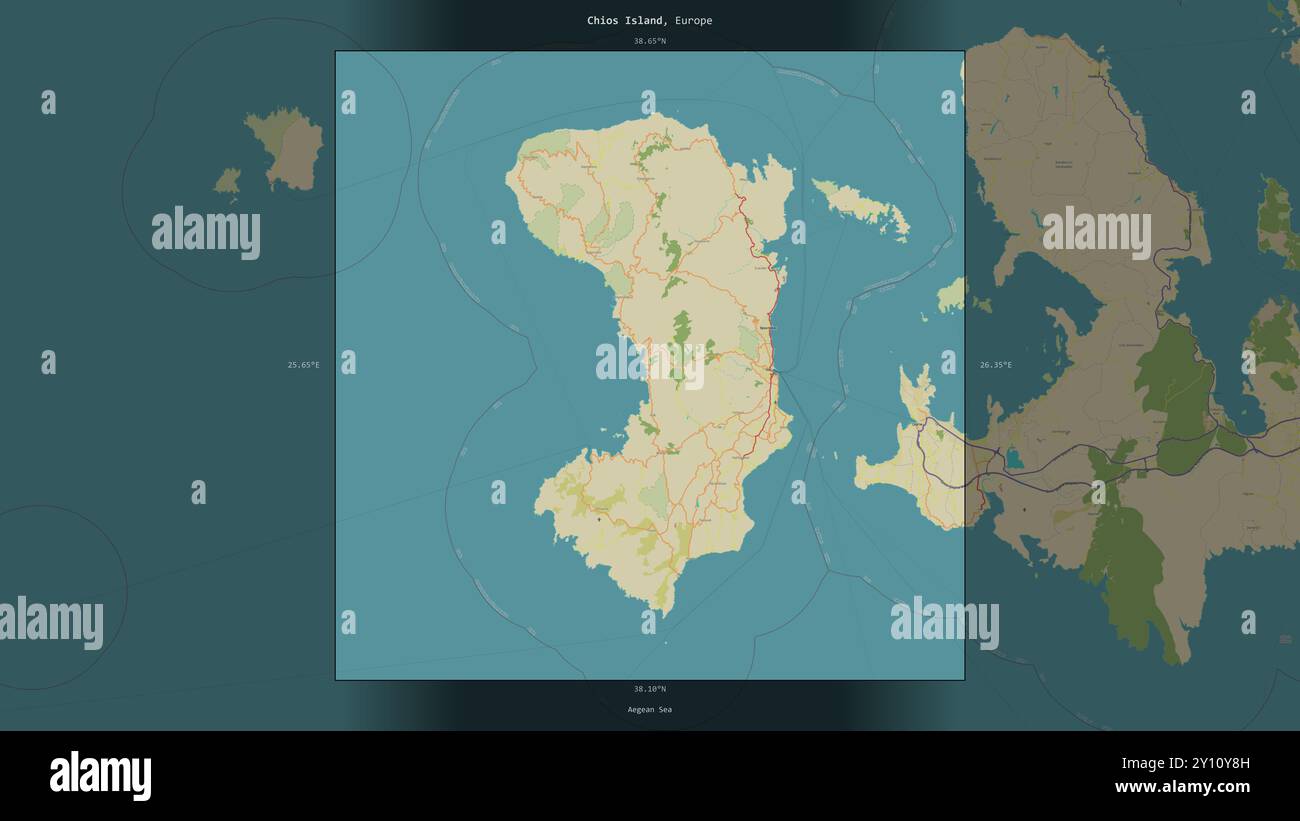 Chios Island in the Aegean Sea, belonging to Greece, described and highlighted on a topographic ...