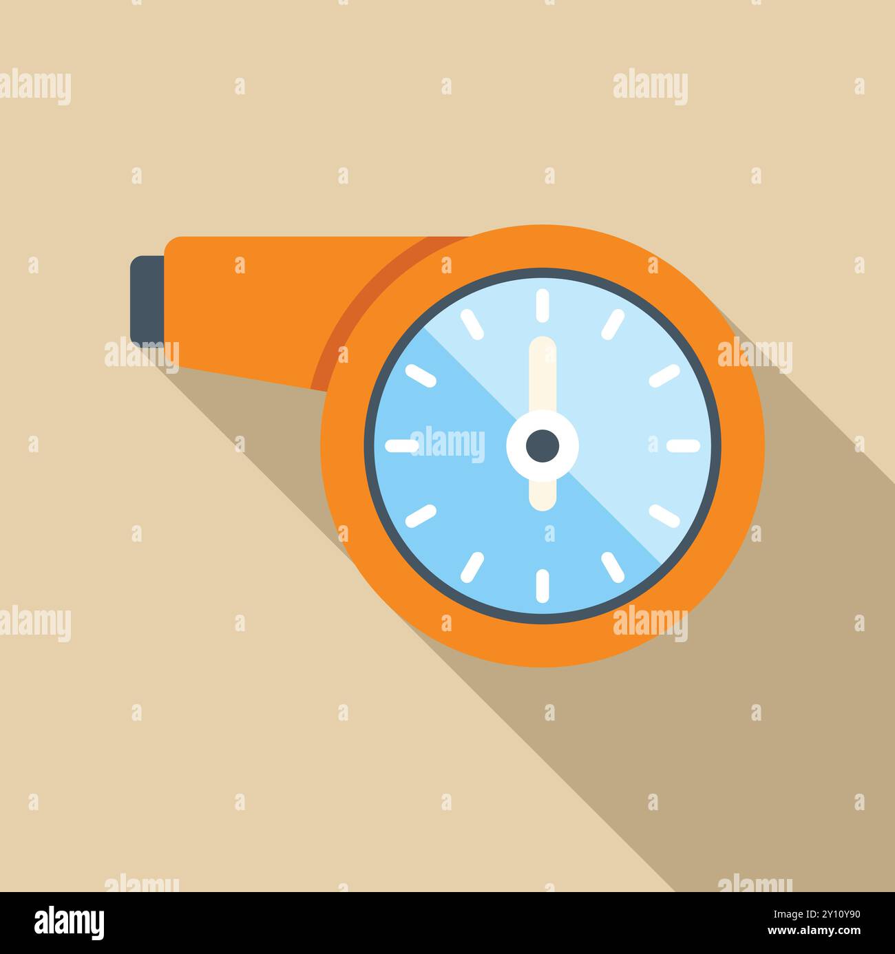 Orange whistle shaped clock showing five o'clock on beige background ...