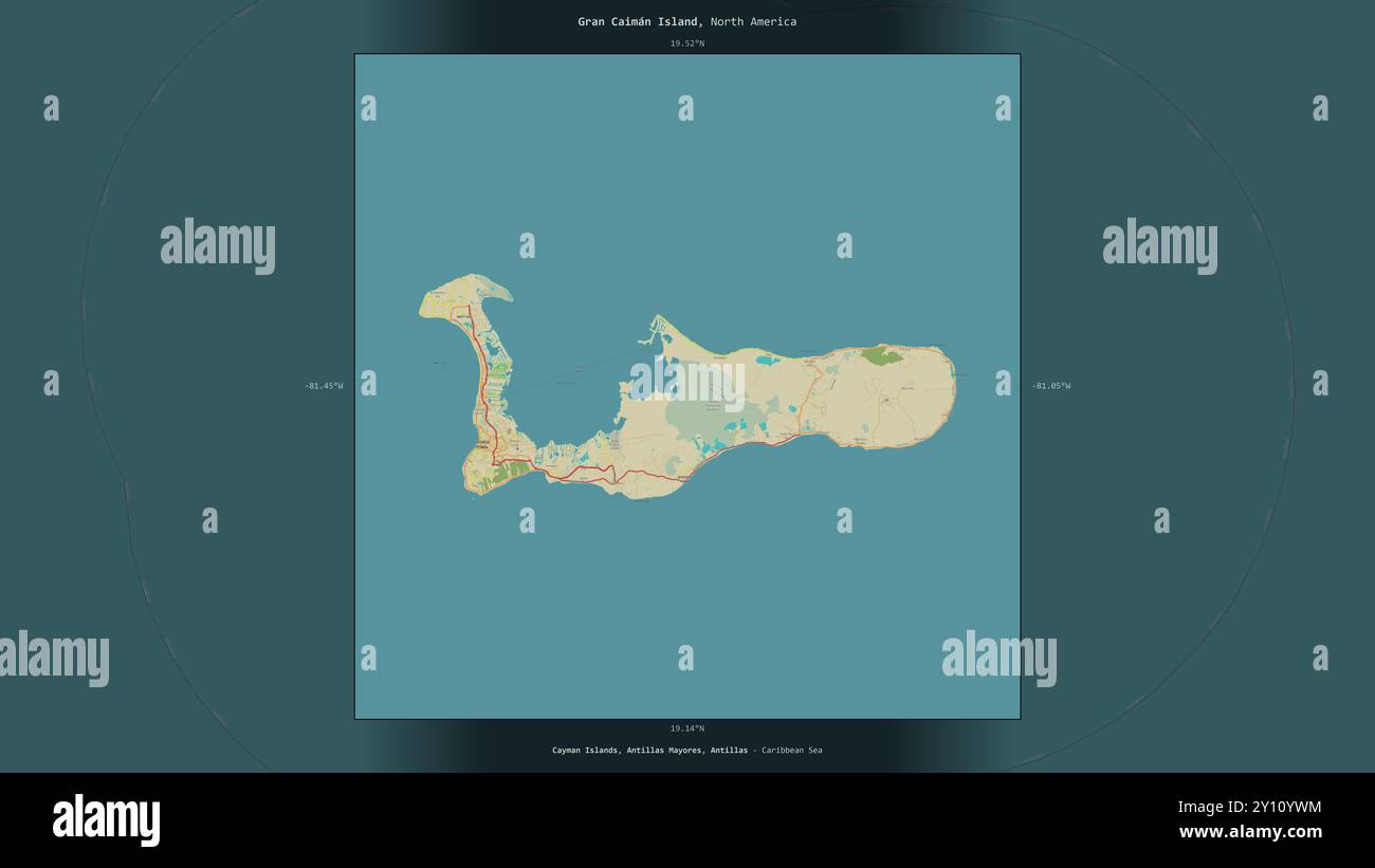 Gran Caiman Island in the Caribbean Sea, belonging to Cayman Islands, described and highlighted ...