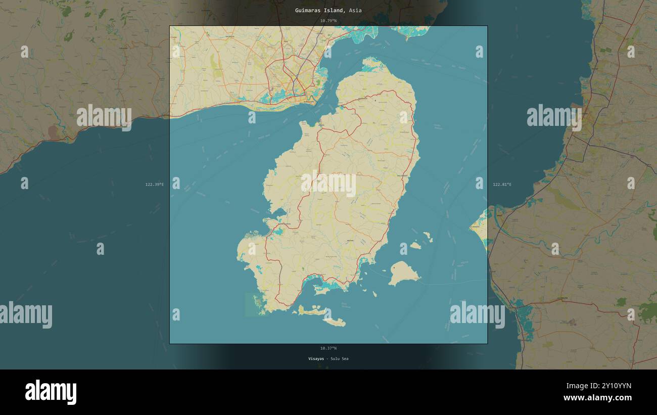 Guimaras Island in the Sulu Sea, belonging to Philippines, described and highlighted on a ...