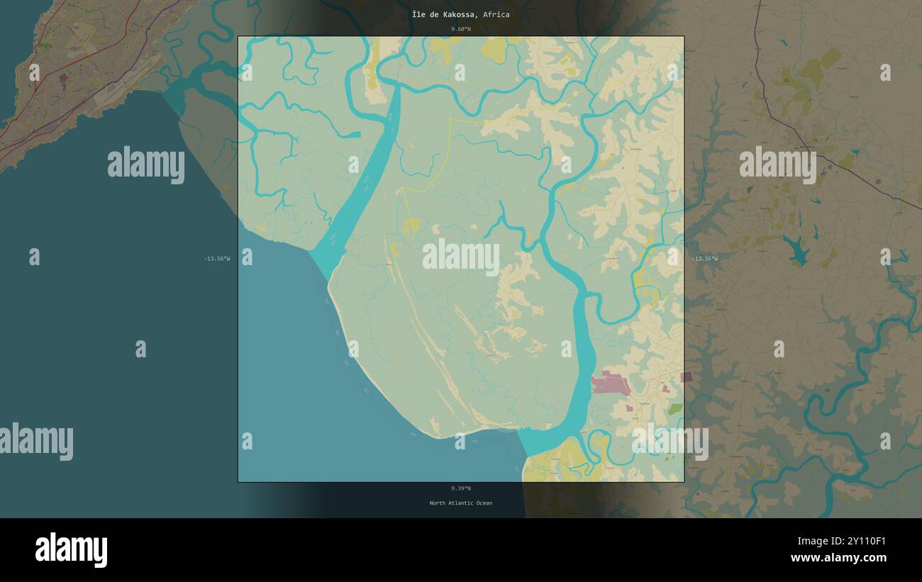 Ile de Kakossa in the North Atlantic Ocean, belonging to Guinea, described and highlighted on a ...