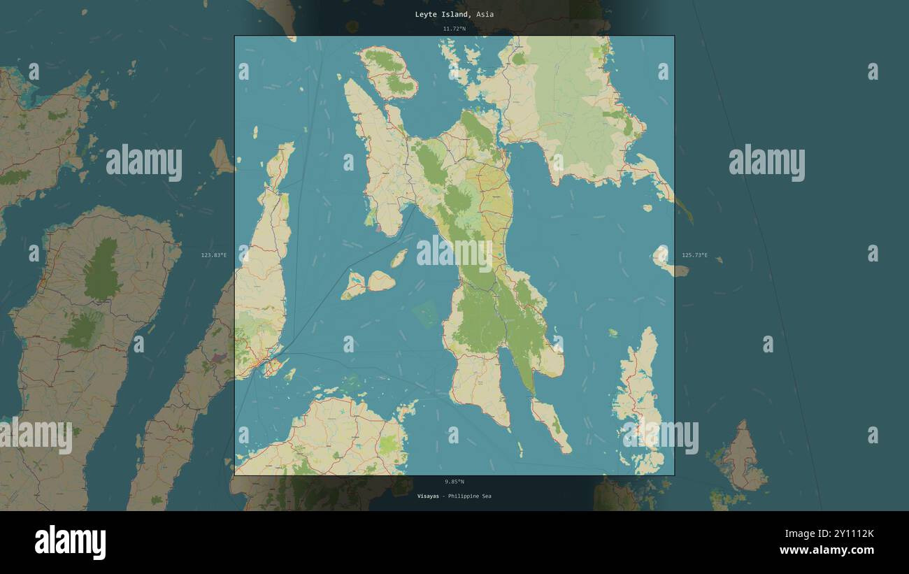 Leyte Island in the Philippine Sea, belonging to Philippines, described and highlighted on a ...