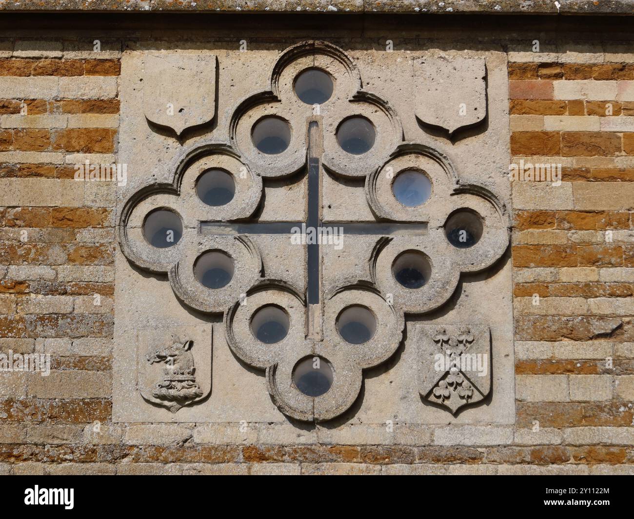 Ground floor window at Rushton Triangular Lodge, with Tresham's crest ...