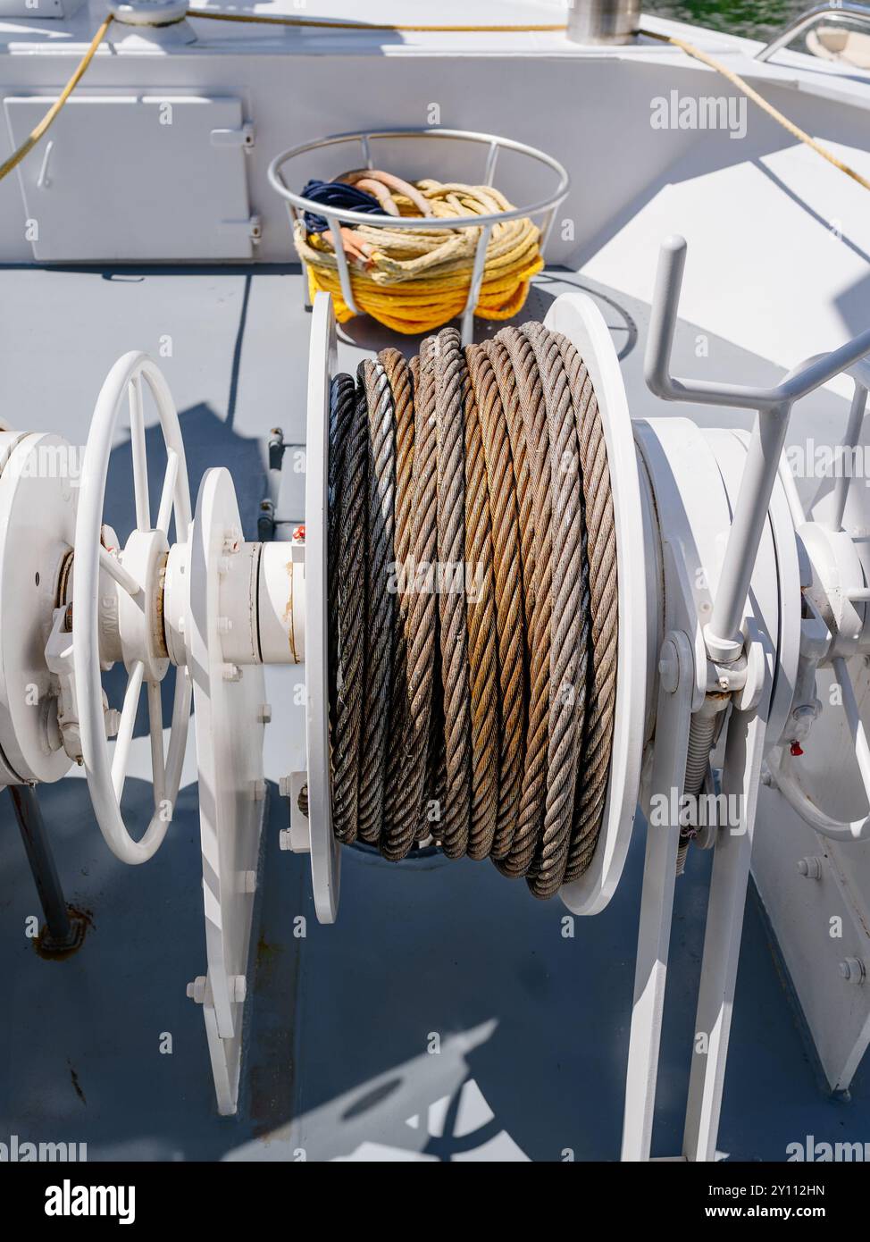 Fastening, securing, steel cable on a reel, ship's equipment, rigging ...