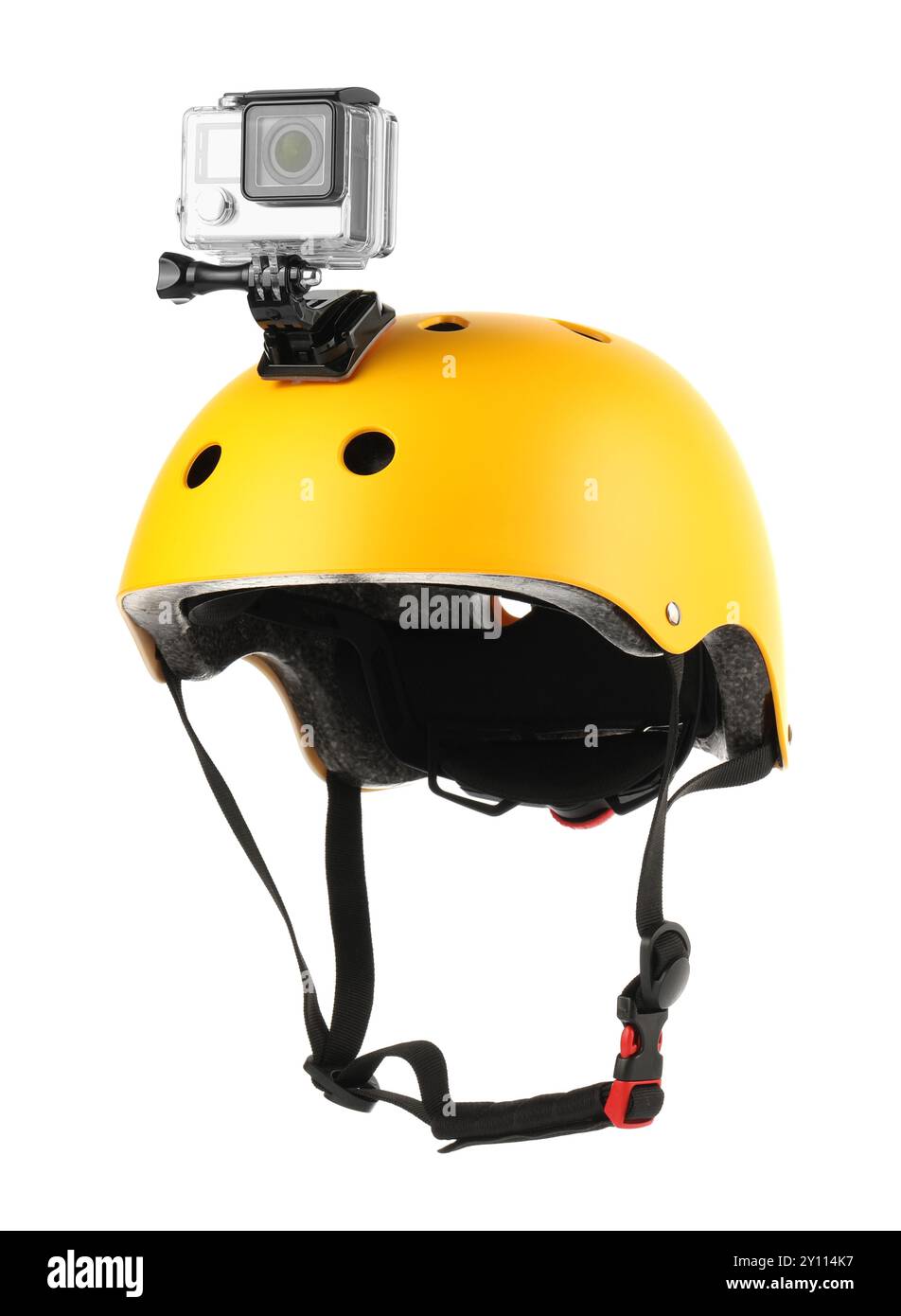 Modern action camera on helmet against white background Stock Photo - Alamy