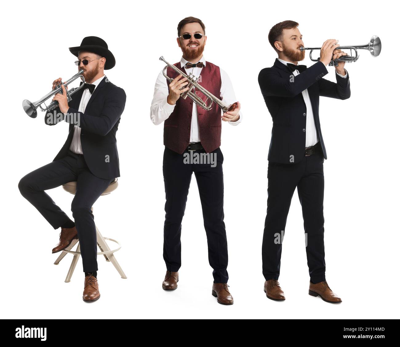 Man playing trumpet isolated on white. Collection of photos Stock Photo ...