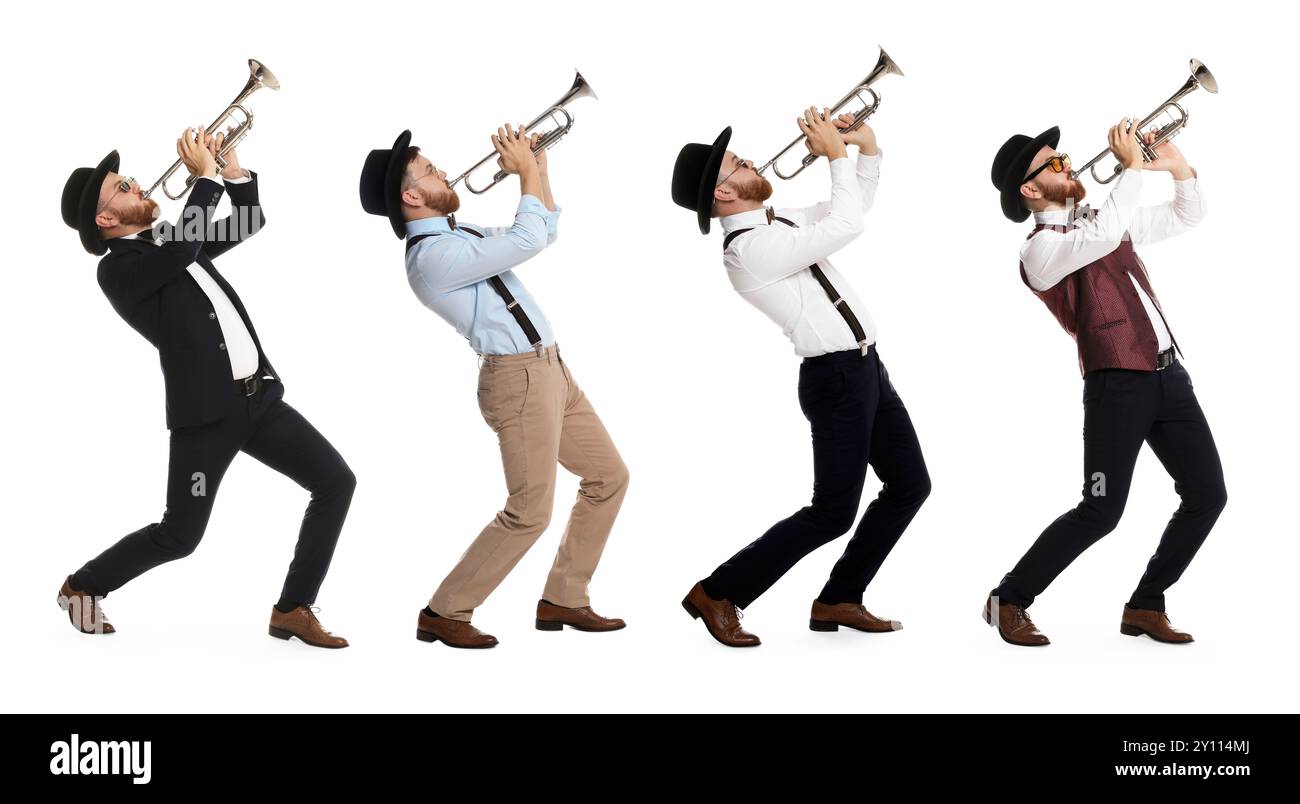 Man playing trumpet isolated on white. Collection of photos Stock Photo ...