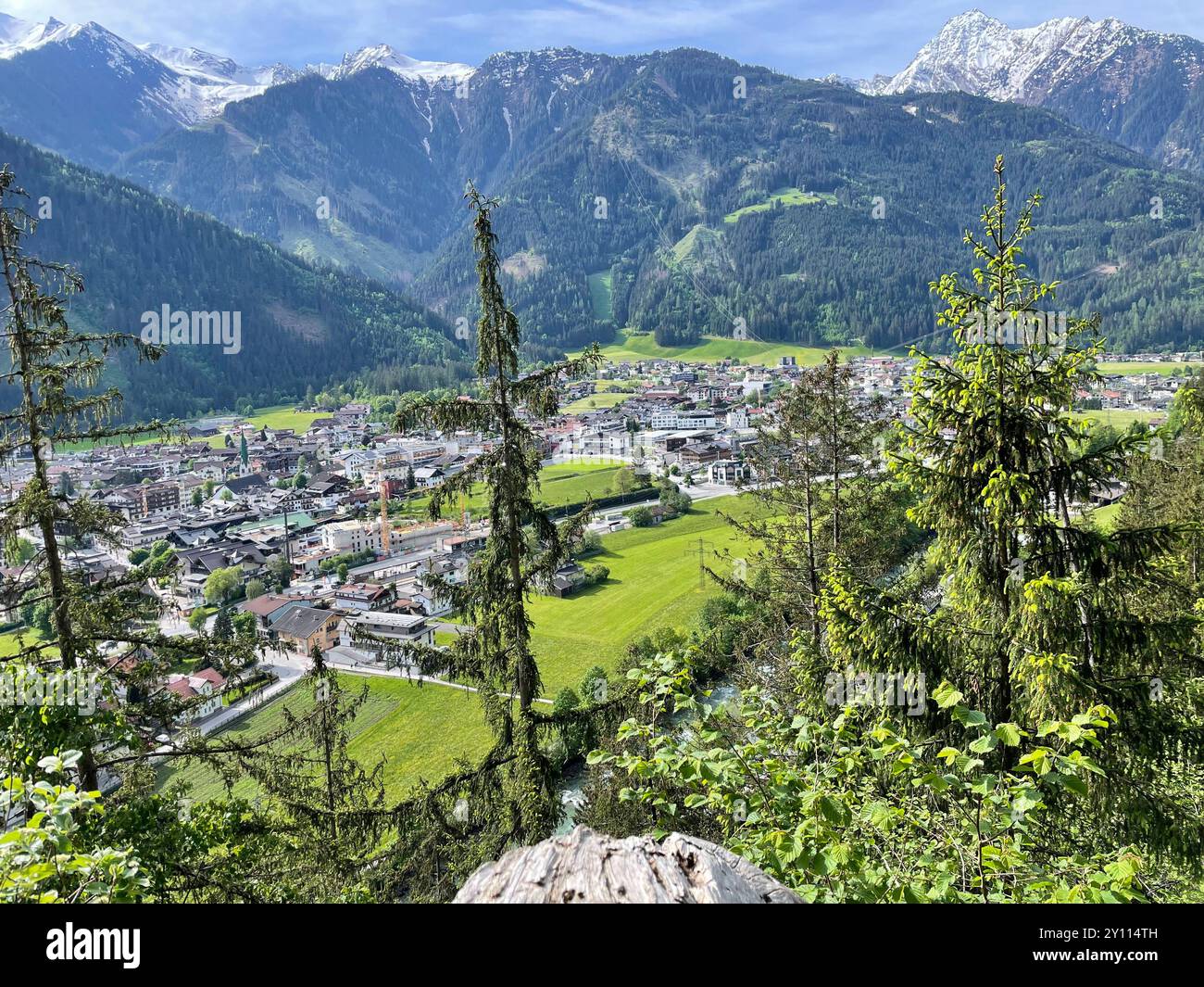 View of Mayrhofen in the Zillertal with the Zillertal Alps in spring ...