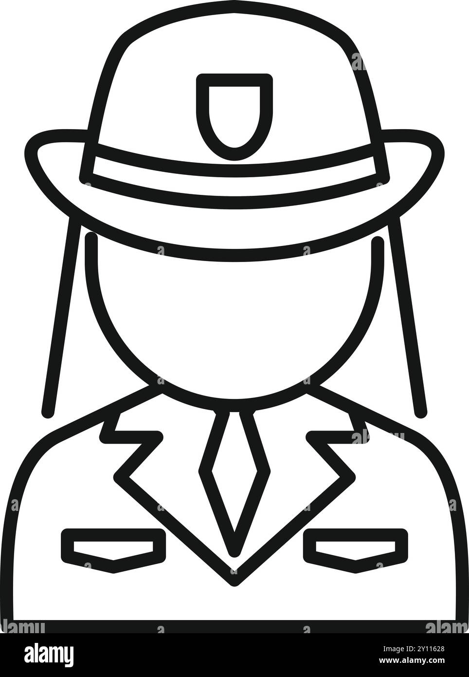 Simple line drawing icon of a female park ranger wearing a uniform and ...