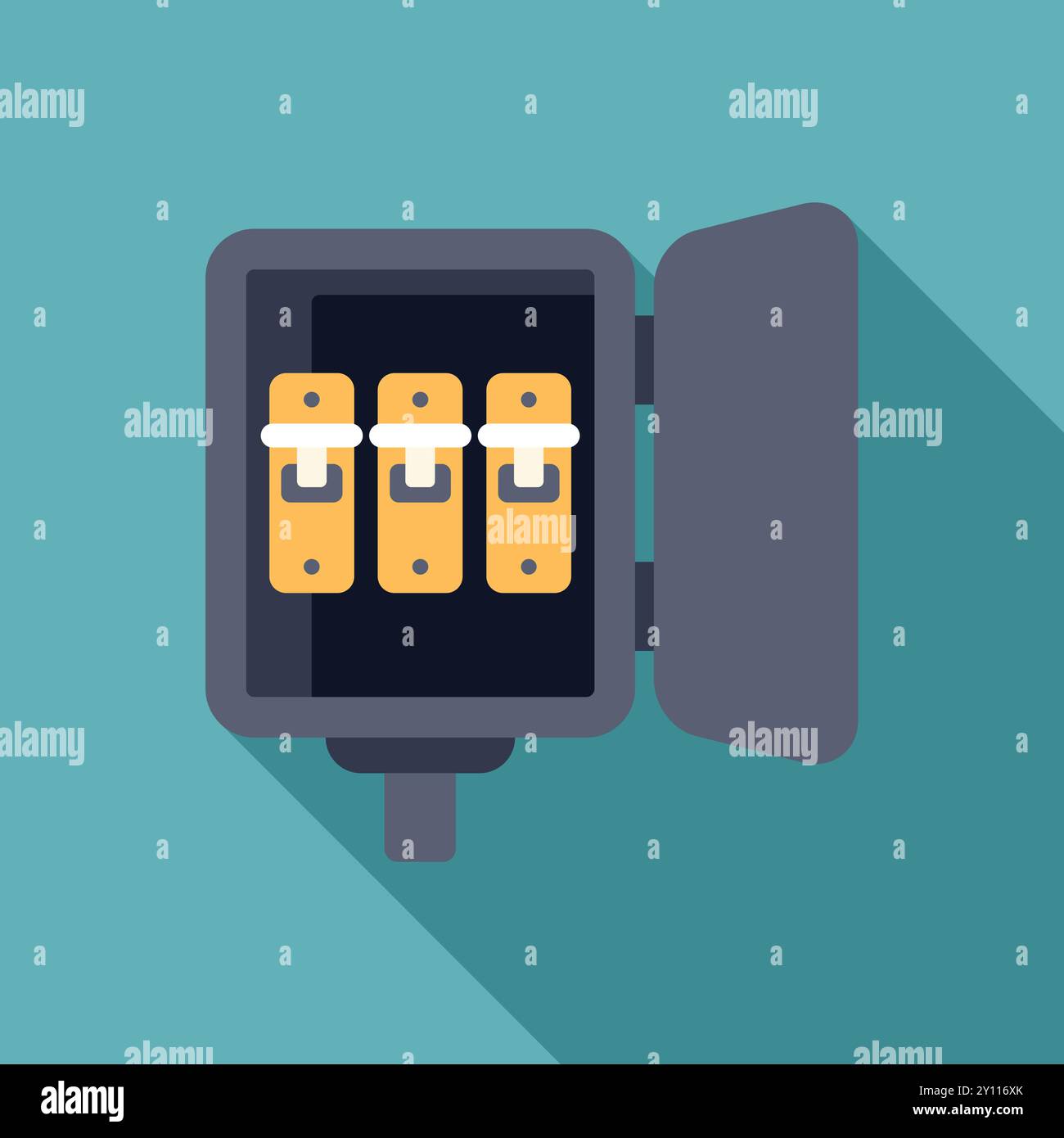 Illustration of an open electrical panel showing circuit breakers on a ...
