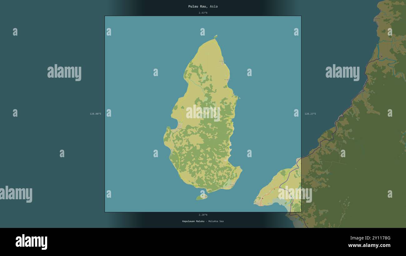 Pulau Rau in the Molukka Sea, belonging to Indonesia, described and highlighted on a topographic ...