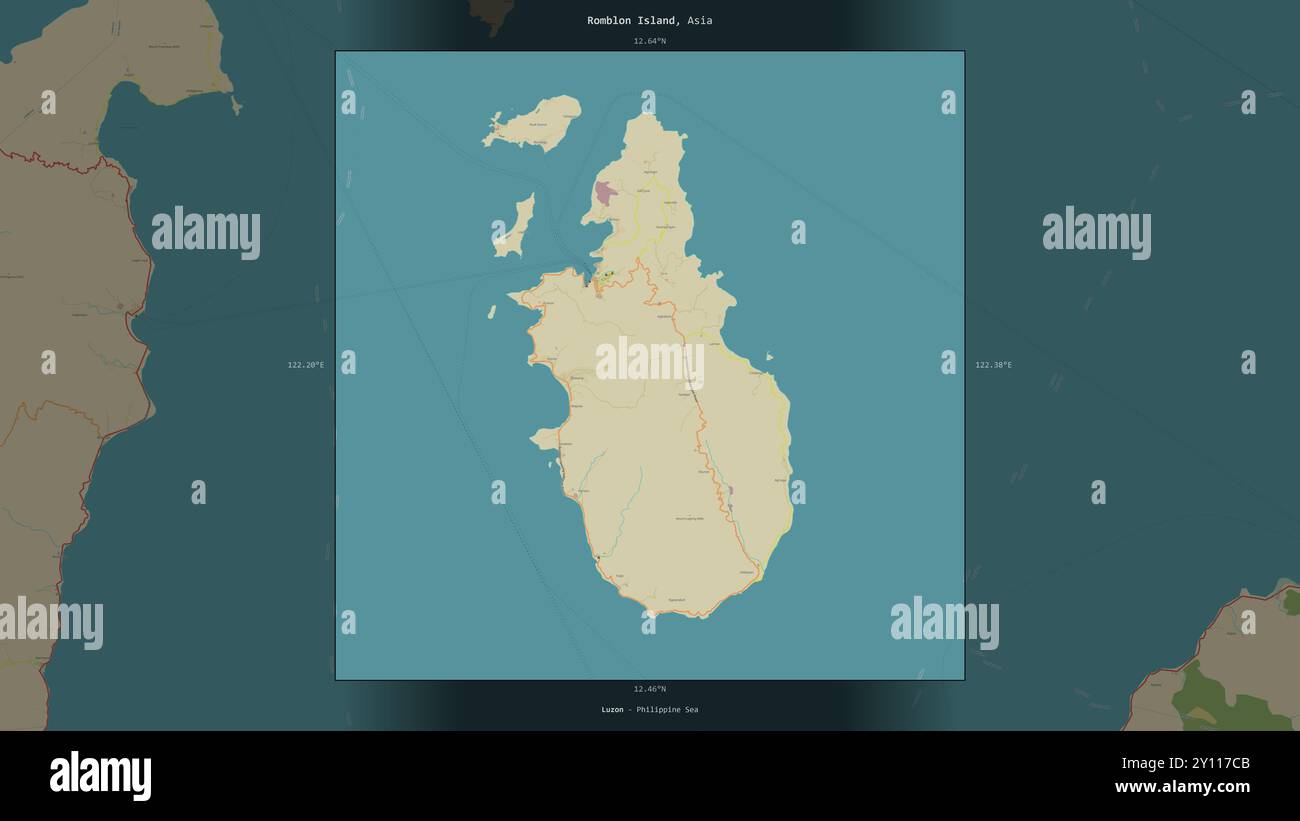 Romblon Island in the Philippine Sea, belonging to Philippines, described and highlighted on a ...