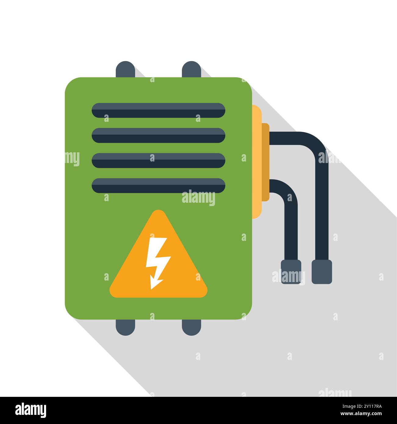 Green electric box with warning sign showing high voltage power supply ...