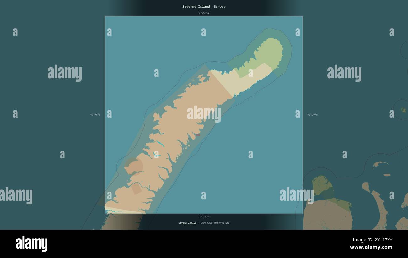 Severny Island in the Kara Sea, belonging to Russia, described and highlighted on a topographic ...