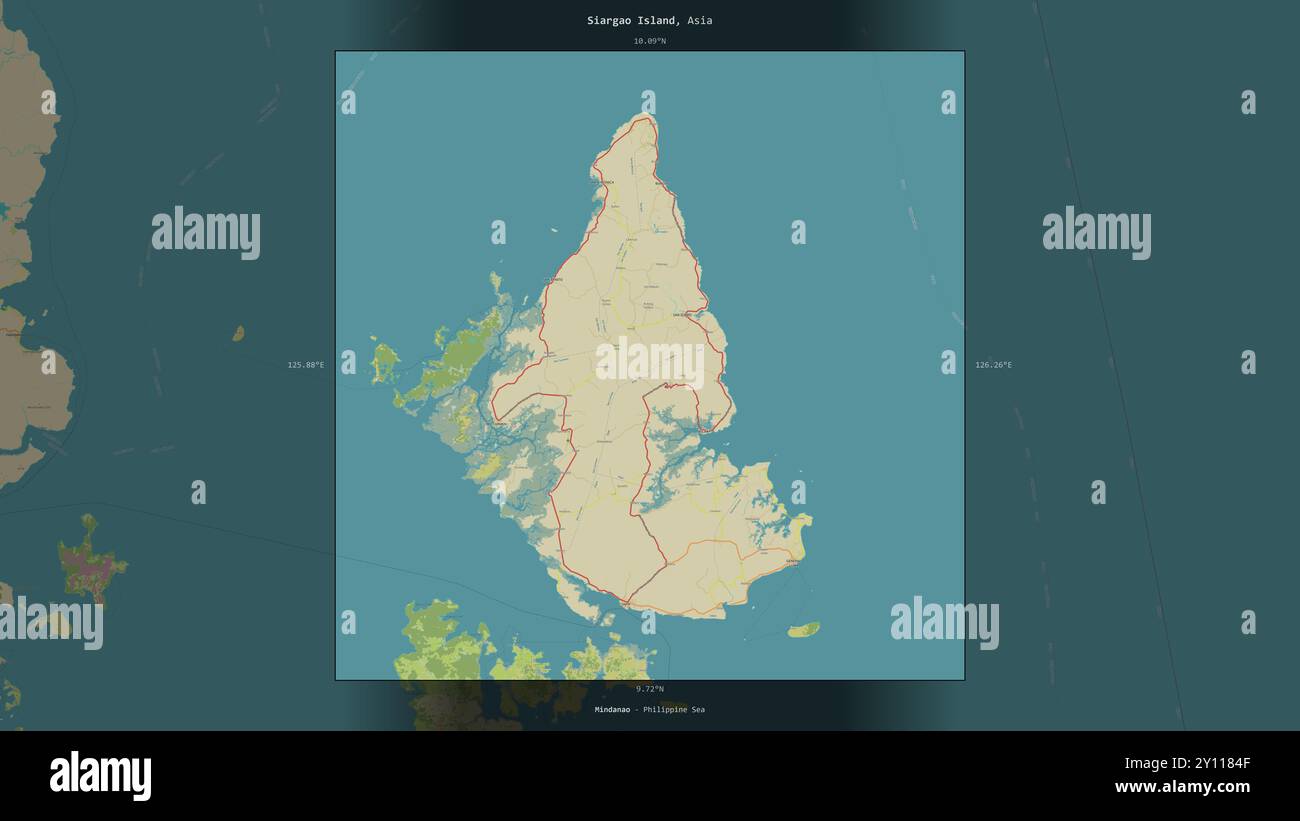 Siargao Island in the Philippine Sea, belonging to Philippines, described and highlighted on a ...