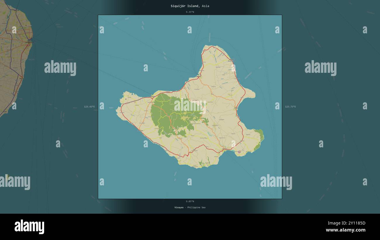 Siquijor Island in the Philippine Sea, belonging to Philippines, described and highlighted on a ...