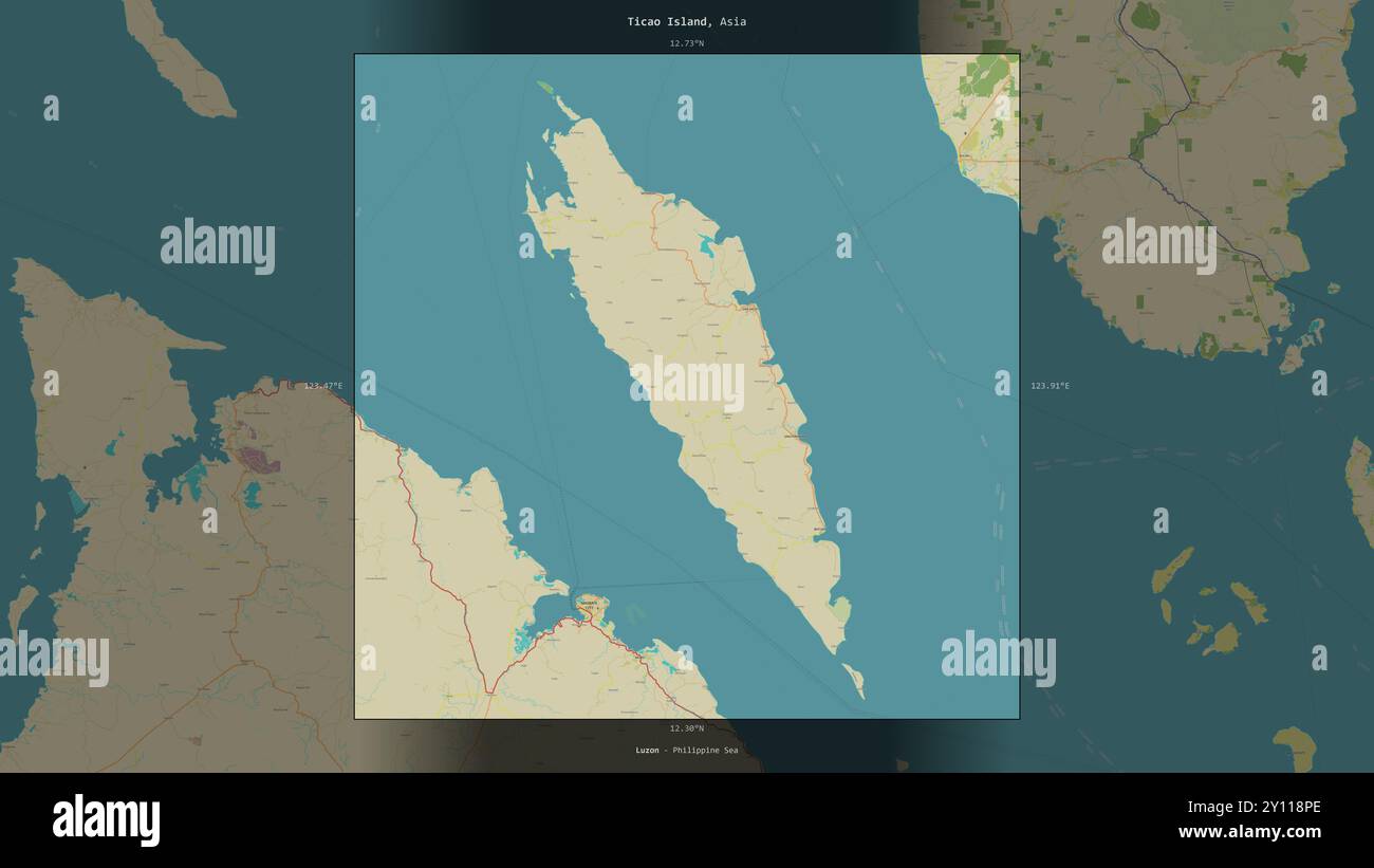 Ticao Island in the Philippine Sea, belonging to Philippines, described and highlighted on a ...