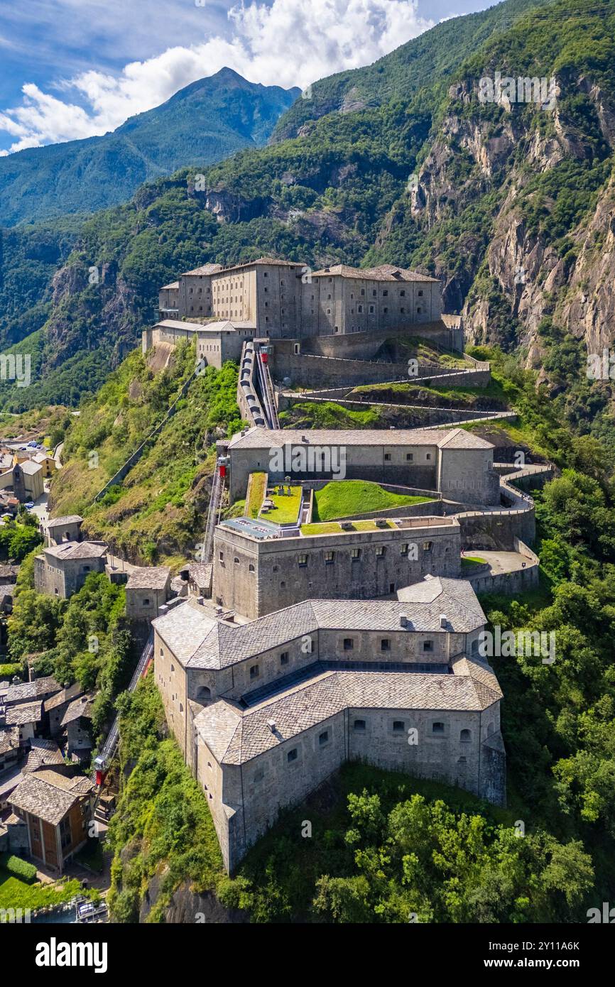Aerial view of the imposing fortress of Forte di Bard in summer. Bard ...