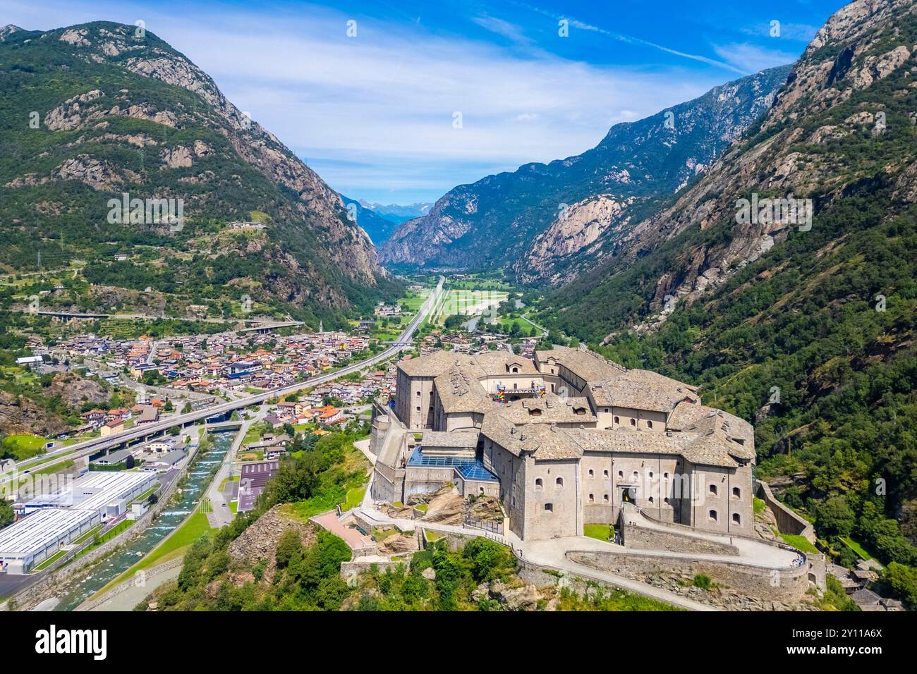 Aerial view of the imposing fortress of Forte di Bard in summer. Bard ...