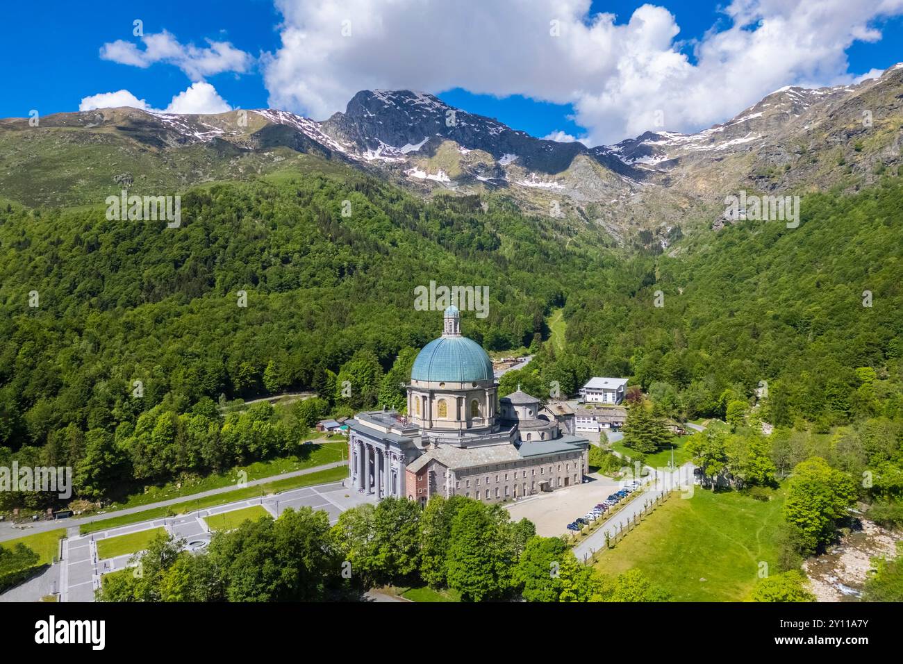 Aerial view of the dome of the upper basilica of the Sanctuary of Oropa ...