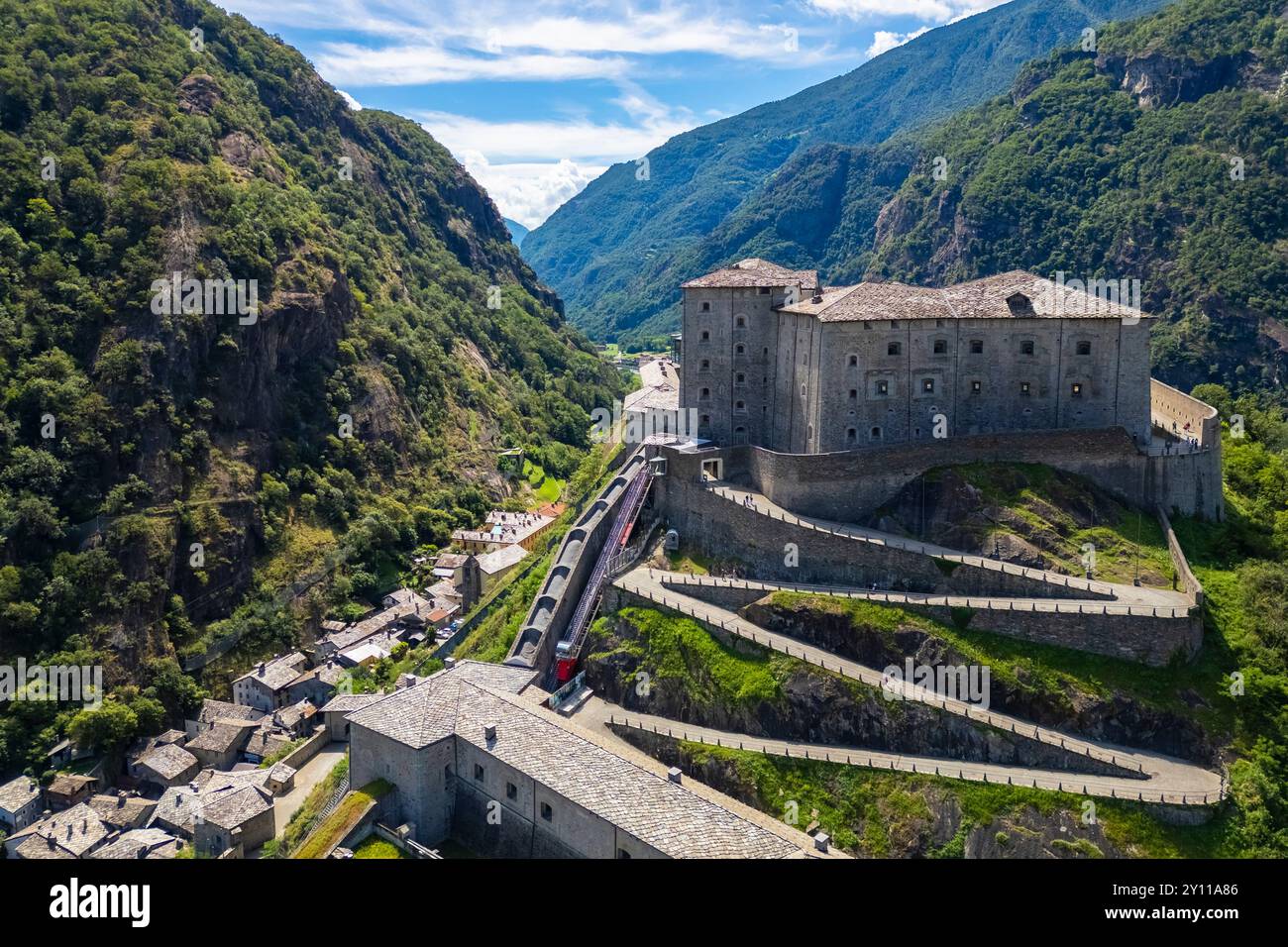 Aerial view of the imposing fortress of Forte di Bard in summer. Bard ...