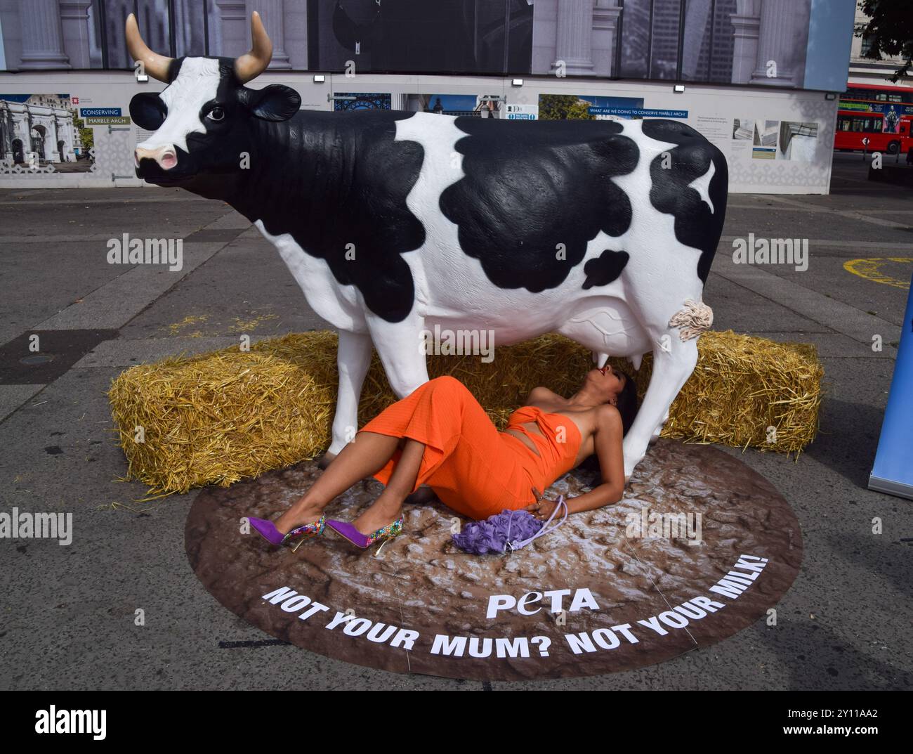 London, UK. 4th September 2024. An elegantly-dressed PETA activist ...