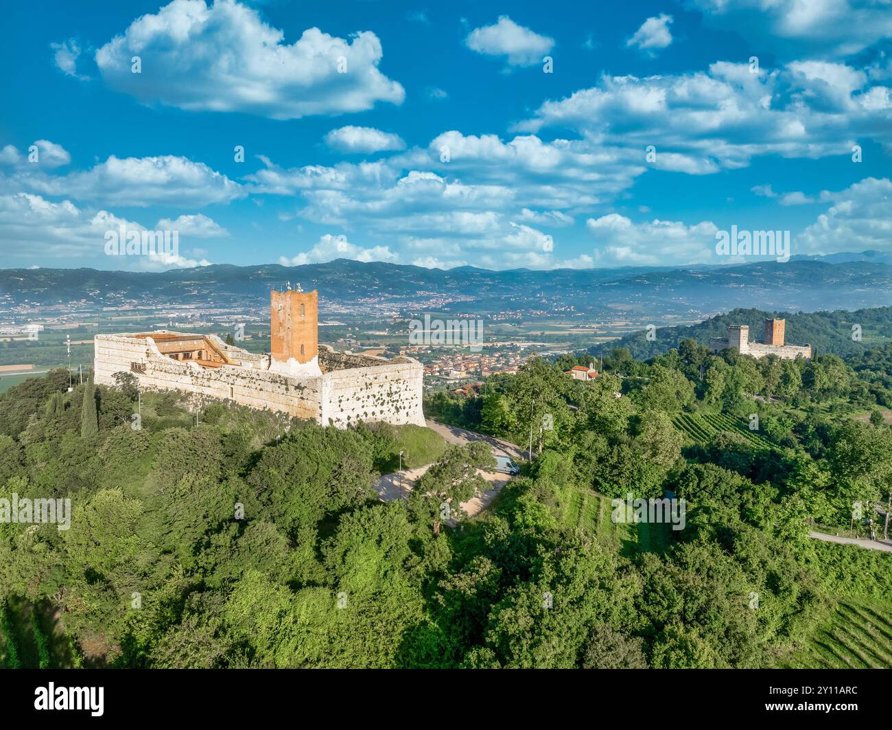 Aerial view of Romeo and Juliet castles in Montecchio Maggiore, rare ...
