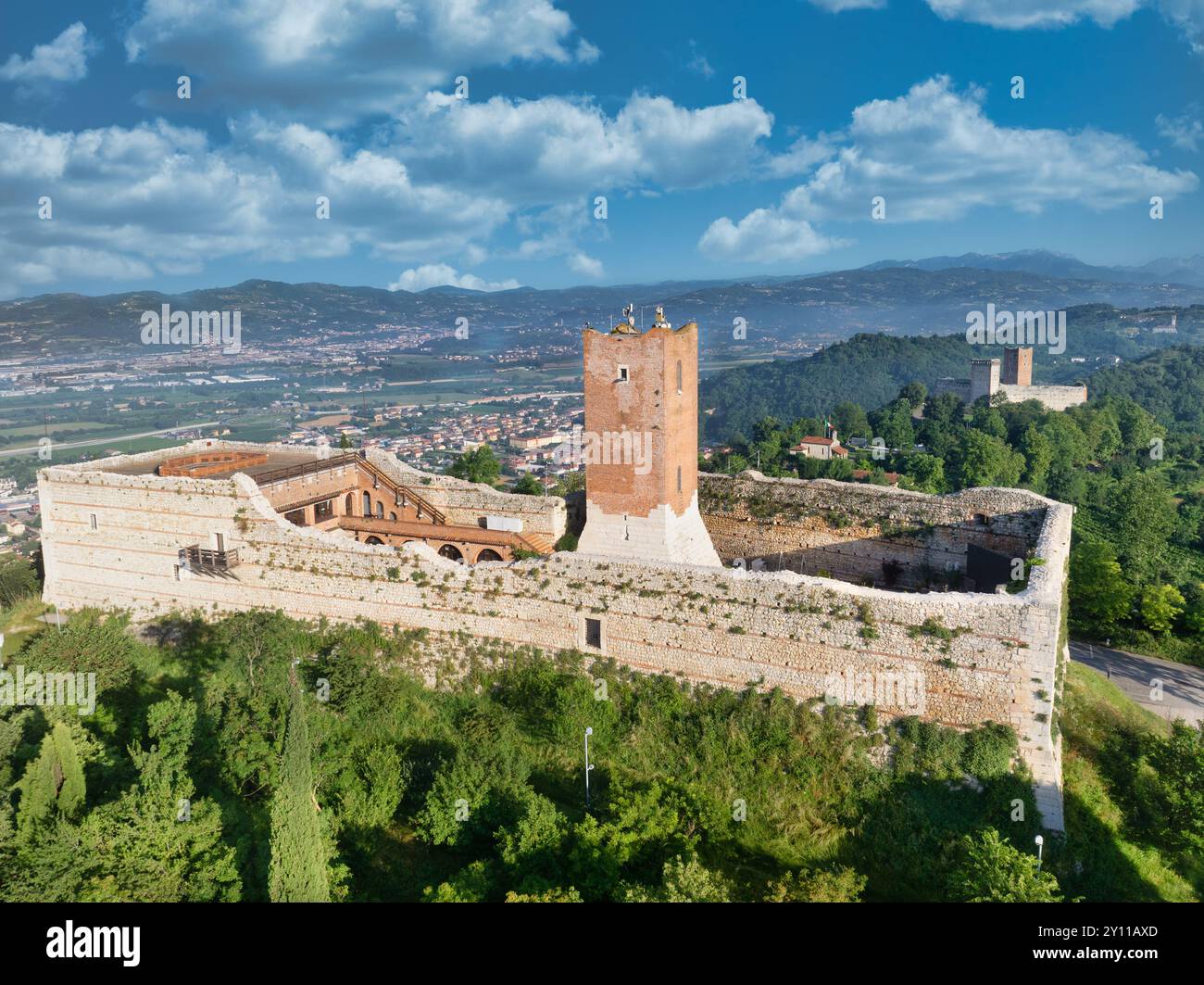 Aerial view of Romeo and Juliet castles in Montecchio Maggiore, rare ...