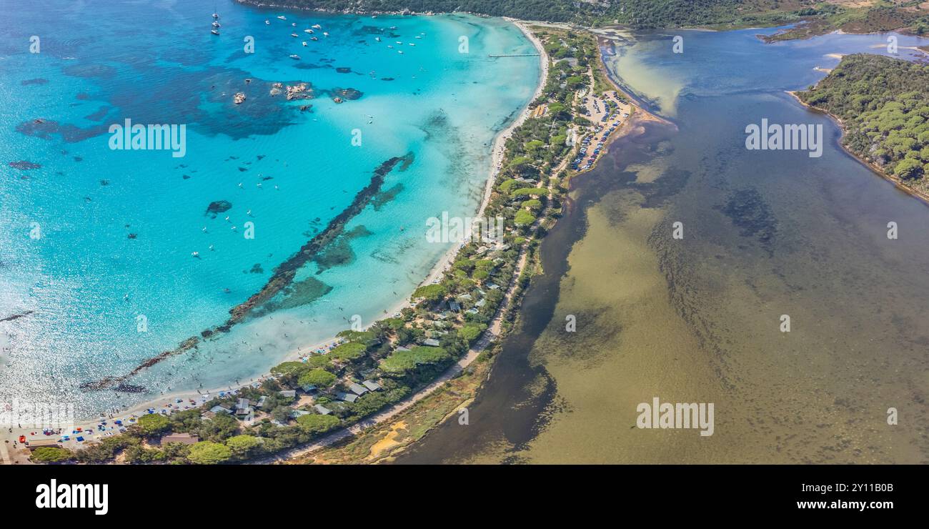 Aerial view of Santa Giulia sandy beach with the characteristic ...