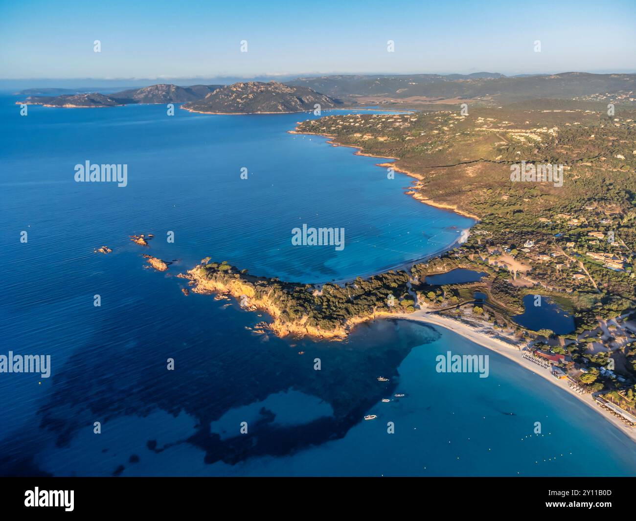 Aerial view of the sandy beaches of Acciaju and La Folaca divided by ...