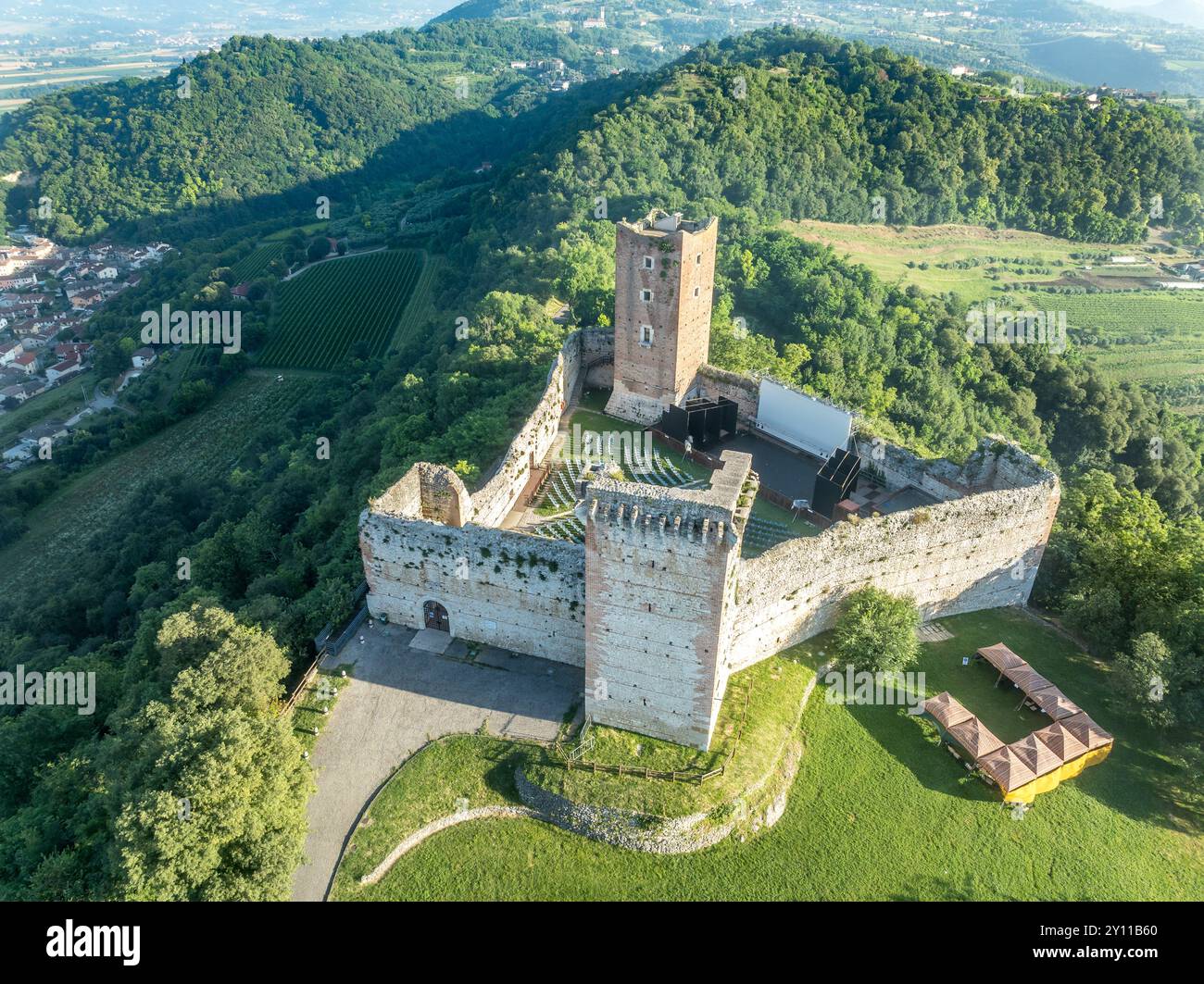 Aerial view of Romeo and Juliet castles in Montecchio Maggiore, rare ...