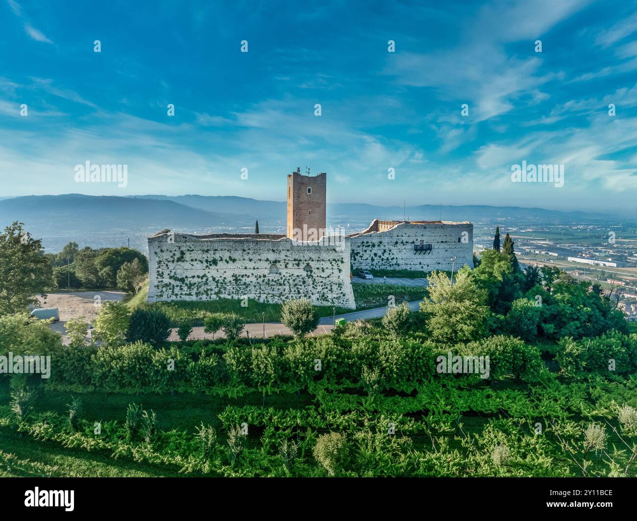 Aerial view of Romeo and Juliet castles in Montecchio Maggiore, rare ...