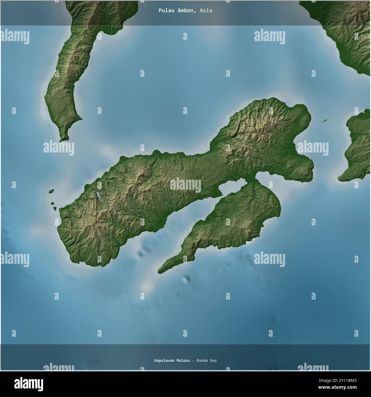 Pulau Ambon in the Banda Sea, belonging to Indonesia, cropped to square ...