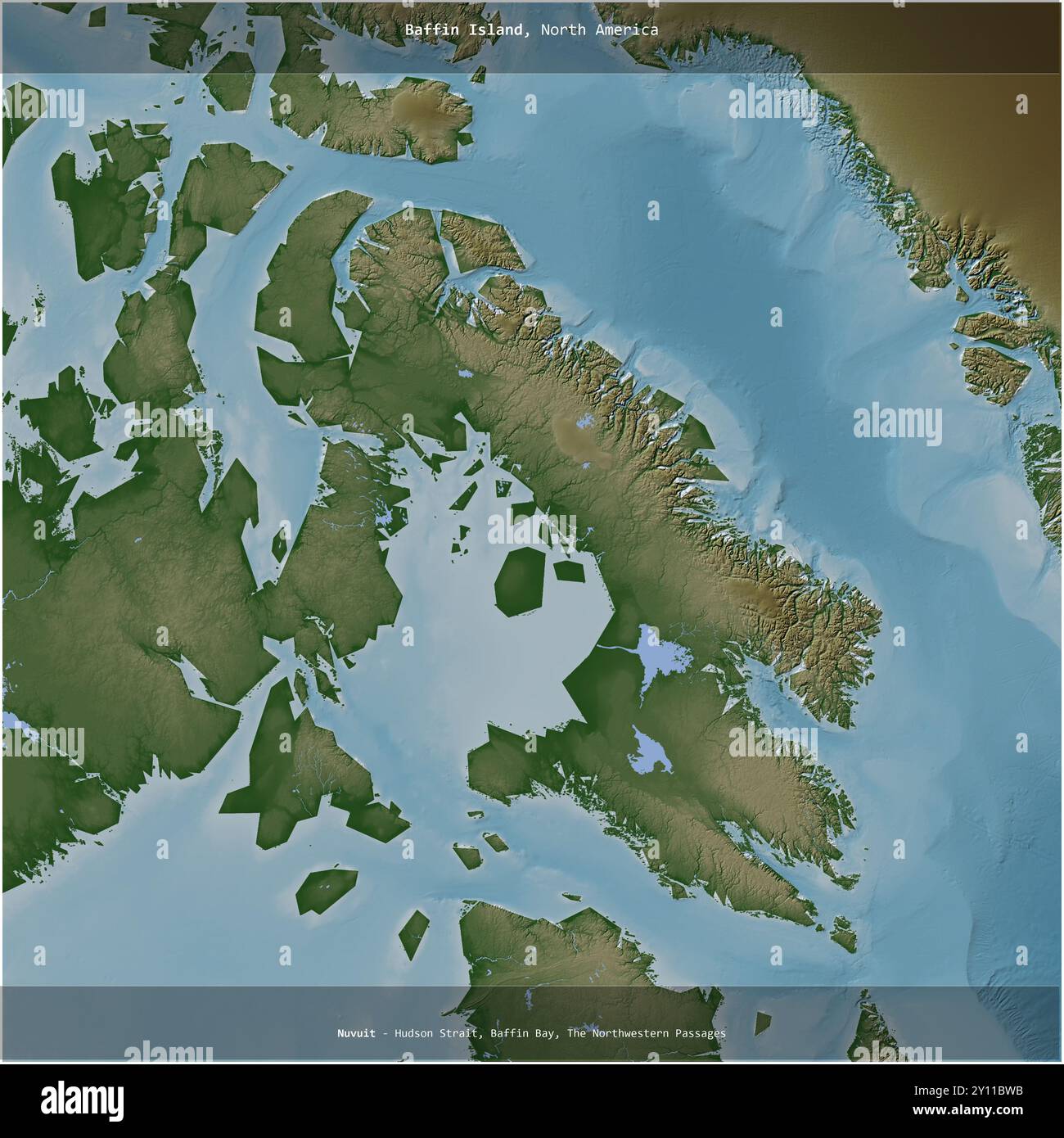 Baffin Island in the Baffin Bay, belonging to Canada, cropped to square on a colored elevation ...