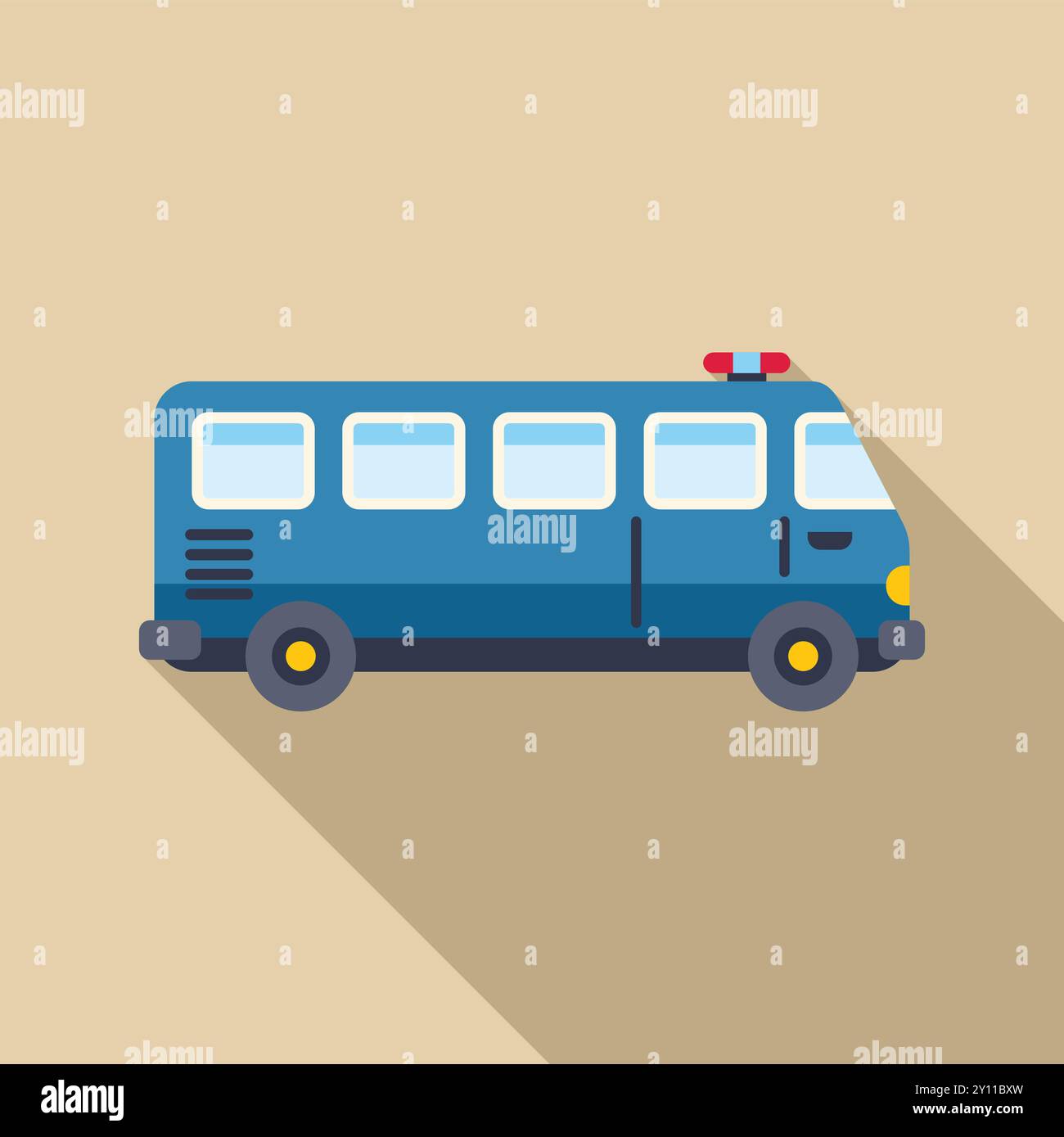 Blue police bus driving right with siren on in flat design with long ...