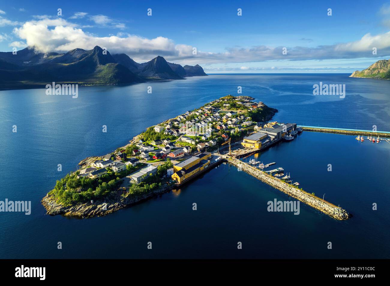 Summer, aerial view, island, bay, fjord, Husoy, Senja, Skaland, Norway ...